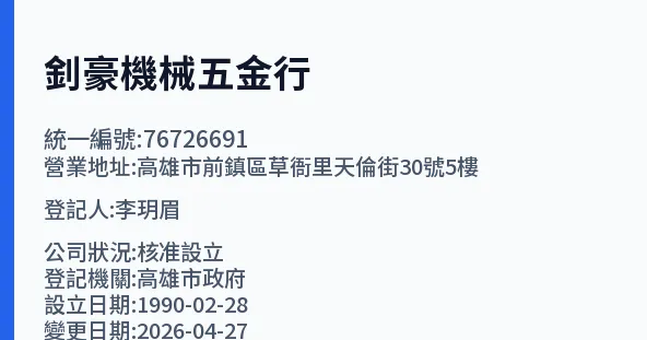 釗豪機械五金行的照片-統編 76726691(高雄市) 公司登記資料與營業項目詳細圖表