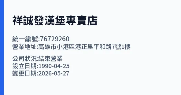 祥誠發漢堡專賣店的照片-統編 76729260(高雄市) 公司登記資料與營業項目詳細圖表