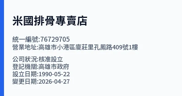 米國排骨專賣店的照片-統編 76729705(高雄市) 公司登記資料與營業項目詳細圖表