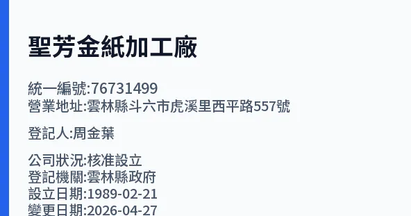 聖芳金紙加工廠的照片-統編 76731499(雲林縣) 公司登記資料與營業項目詳細圖表