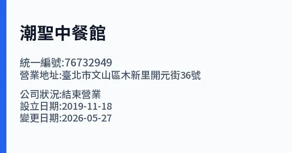 潮聖中餐館的照片-統編 76732949(臺北市) 公司登記資料與營業項目詳細圖表