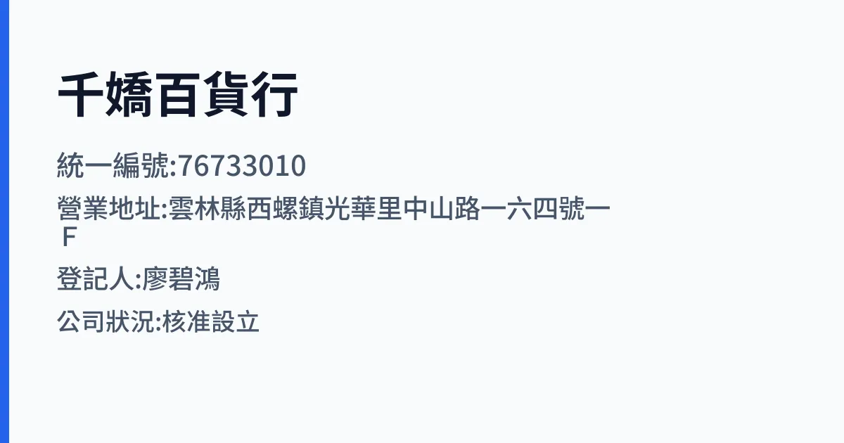千嬌百貨行 - 統編 76733010(雲林縣) 公司登記資料與營業項目詳細圖表