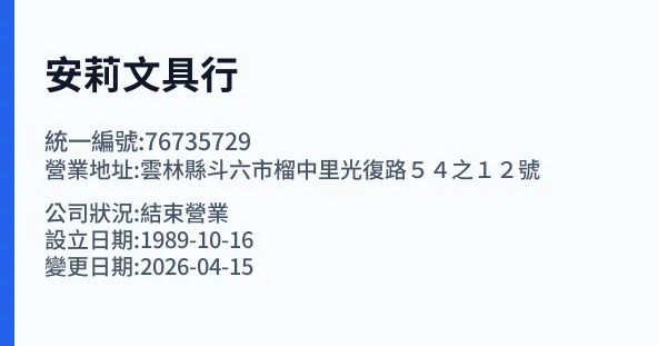安莉文具行的照片-統編 76735729(雲林縣) 公司登記資料與營業項目詳細圖表