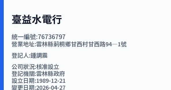 臺益水電行的照片-統編 76736797(雲林縣) 公司登記資料與營業項目詳細圖表