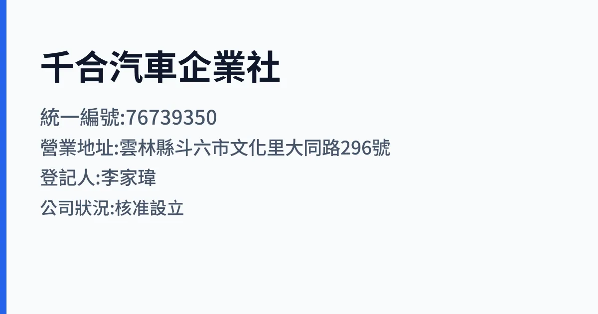 千合汽車企業社 - 統編 76739350(雲林縣) 公司登記資料與營業項目詳細圖表