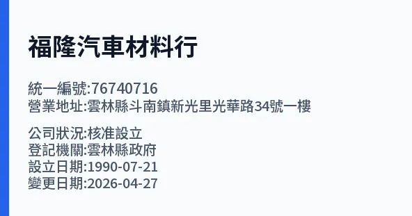 福隆汽車材料行的照片-統編 76740716(雲林縣) 公司登記資料與營業項目詳細圖表