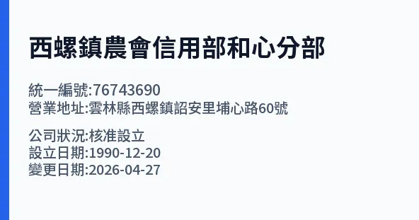 西螺鎮農會信用部和心分部的照片-統編 76743690(雲林縣) 公司登記資料與營業項目詳細圖表
