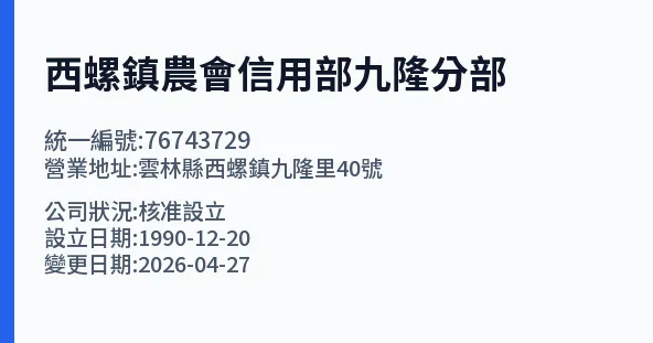 西螺鎮農會信用部九隆分部的照片-統編 76743729(雲林縣) 公司登記資料與營業項目詳細圖表