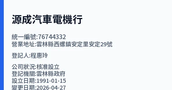 源成汽車電機行的照片-統編 76744332(雲林縣) 公司登記資料與營業項目詳細圖表