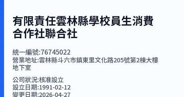有限責任雲林縣學校員生消費合作社聯合社的照片-統編 76745022(雲林縣) 公司登記資料與營業項目詳細圖表
