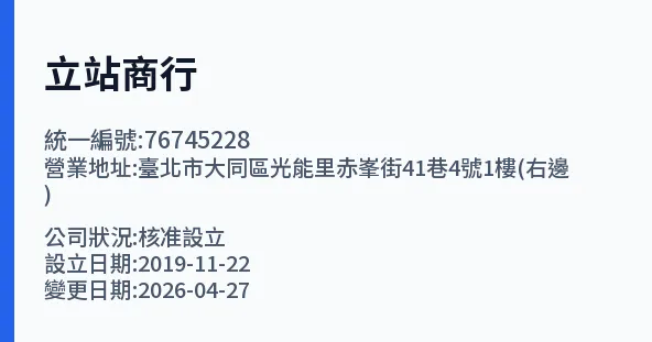 立站商行的照片-統編 76745228(臺北市) 公司登記資料與營業項目詳細圖表