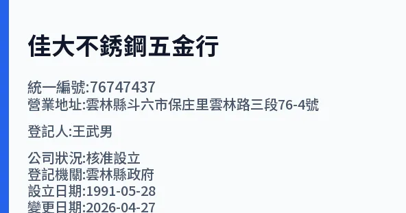 佳大不銹鋼五金行的照片-統編 76747437(雲林縣) 公司登記資料與營業項目詳細圖表