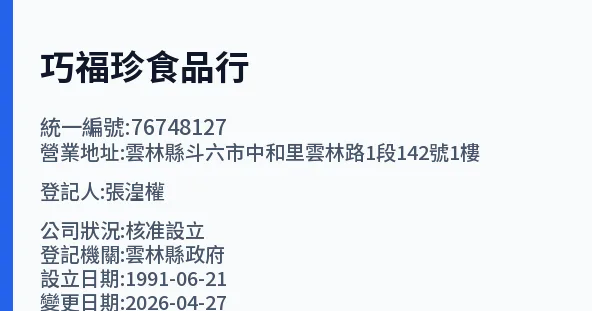 巧福珍食品行的照片-統編 76748127(雲林縣) 公司登記資料與營業項目詳細圖表
