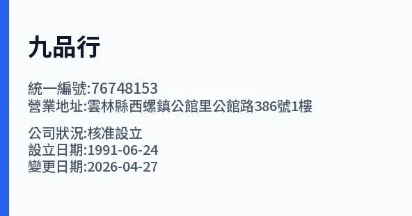 九品行的照片-統編 76748153(雲林縣) 公司登記資料與營業項目詳細圖表