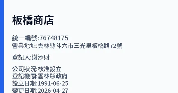 板橋商店的照片-統編 76748175(雲林縣) 公司登記資料與營業項目詳細圖表