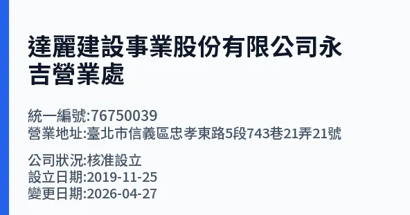 達麗建設事業股份有限公司永吉營業處的照片-統編 76750039(臺北市) 公司登記資料與營業項目詳細圖表