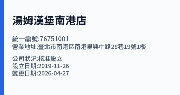 湯姆漢堡南港店的照片-統編 76751001(臺北市) 公司登記資料與營業項目詳細圖表