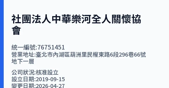 社團法人中華樂河全人關懷協會的照片-統編 76751451(臺北市) 公司登記資料與營業項目詳細圖表