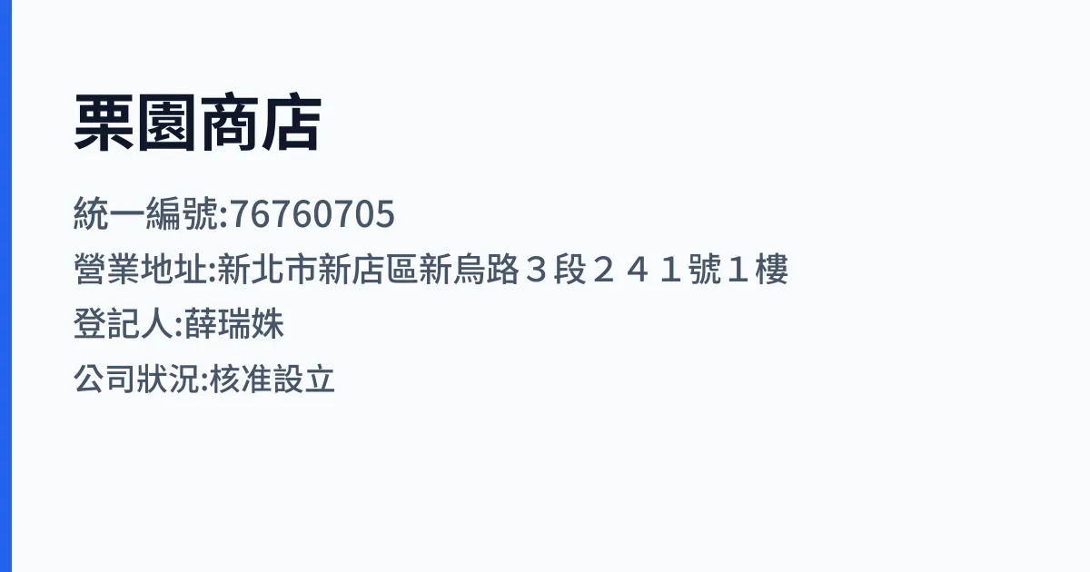 栗園商店 - 統編 76760705(新北市) 公司登記資料與營業項目詳細圖表