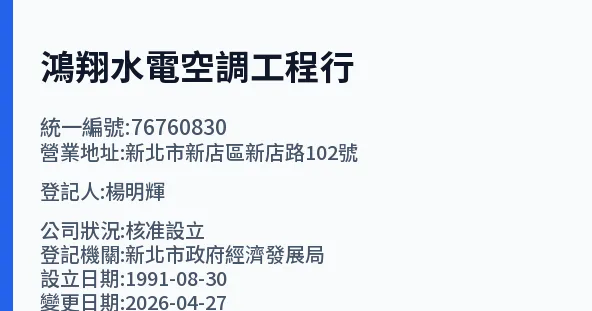 鴻翔水電空調工程行的照片-統編 76760830(新北市) 公司登記資料與營業項目詳細圖表
