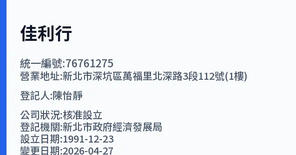 佳利行的照片-統編 76761275(新北市) 公司登記資料與營業項目詳細圖表
