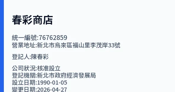 春彩商店的照片-統編 76762859(新北市) 公司登記資料與營業項目詳細圖表