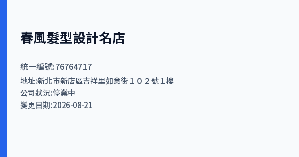 春風髮型設計名店的照片-統編 76764717(新北市) 公司登記資料與營業項目詳細圖表