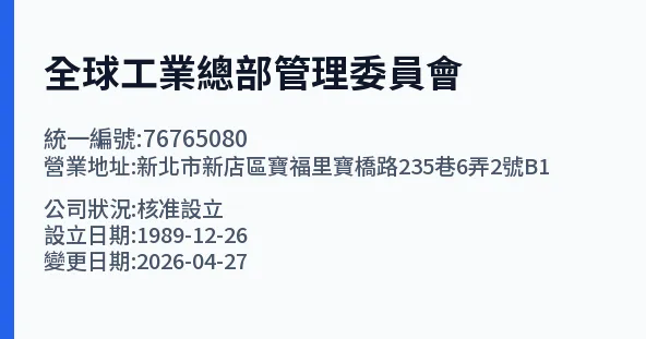 全球工業總部管理委員會的照片-統編 76765080(新北市) 公司登記資料與營業項目詳細圖表