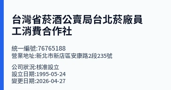 台灣省菸酒公賣局台北菸廠員工消費合作社的照片-統編 76765188(新北市) 公司登記資料與營業項目詳細圖表