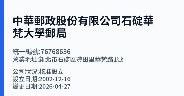 中華郵政股份有限公司石碇華梵大學郵局的照片-統編 76768636(新北市) 公司登記資料與營業項目詳細圖表