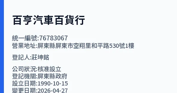 百亨汽車百貨行的照片-統編 76783067(屏東縣) 公司登記資料與營業項目詳細圖表