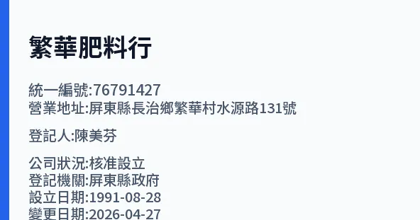 繁華肥料行的照片-統編 76791427(屏東縣) 公司登記資料與營業項目詳細圖表