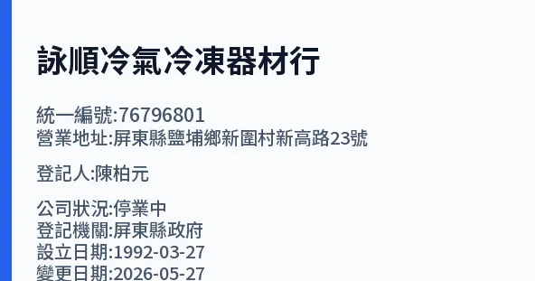 詠順冷氣冷凍器材行的照片-統編 76796801(屏東縣) 公司登記資料與營業項目詳細圖表