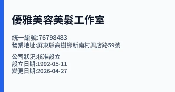 優雅美容美髮工作室的照片-統編 76798483(屏東縣) 公司登記資料與營業項目詳細圖表