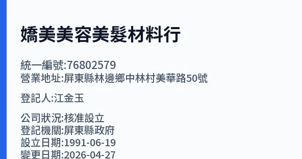嬌美美容美髮材料行的照片-統編 76802579(屏東縣) 公司登記資料與營業項目詳細圖表