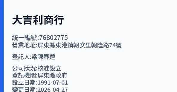 大吉利商行的照片-統編 76802775(屏東縣) 公司登記資料與營業項目詳細圖表