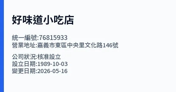好味道小吃店的照片-統編 76815933(嘉義市) 公司登記資料與營業項目詳細圖表