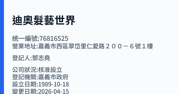 迪奧髮藝世界的照片-統編 76816525(嘉義市) 公司登記資料與營業項目詳細圖表