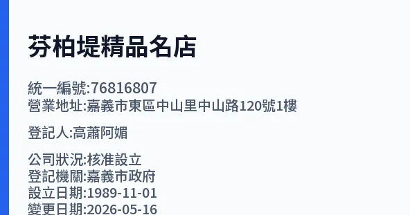 芬柏堤精品名店的照片-統編 76816807(嘉義市) 公司登記資料與營業項目詳細圖表