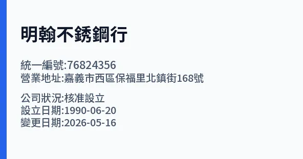 明翰不銹鋼行的照片-統編 76824356(嘉義市) 公司登記資料與營業項目詳細圖表