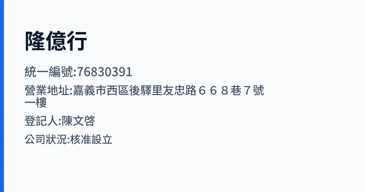 隆億行 - 統編 76830391(嘉義市) 公司登記資料與營業項目詳細圖表
