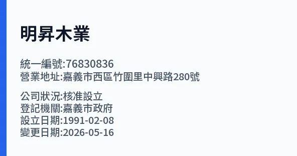 明昇木業的照片-統編 76830836(嘉義市) 公司登記資料與營業項目詳細圖表