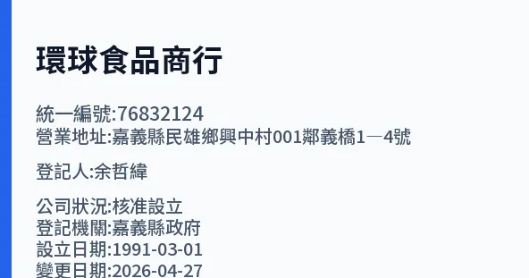 環球食品商行的照片-統編 76832124(嘉義縣) 公司登記資料與營業項目詳細圖表