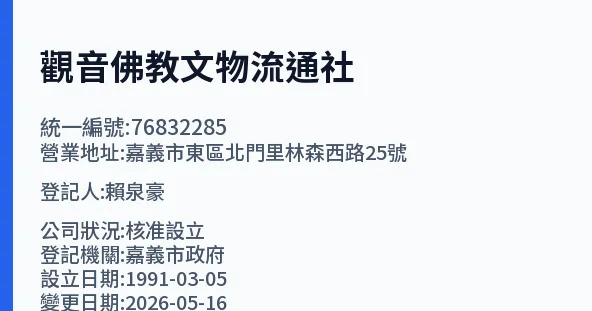觀音佛教文物流通社的照片-統編 76832285(嘉義市) 公司登記資料與營業項目詳細圖表