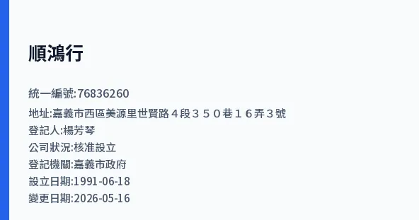 順鴻行的照片-統編 76836260(嘉義市) 公司登記資料與營業項目詳細圖表