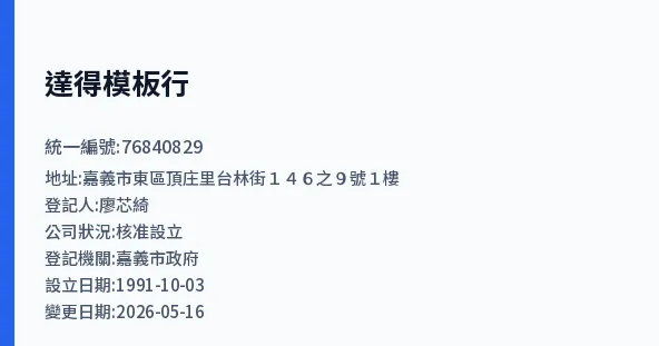 達得模板行的照片-統編 76840829(嘉義市) 公司登記資料與營業項目詳細圖表