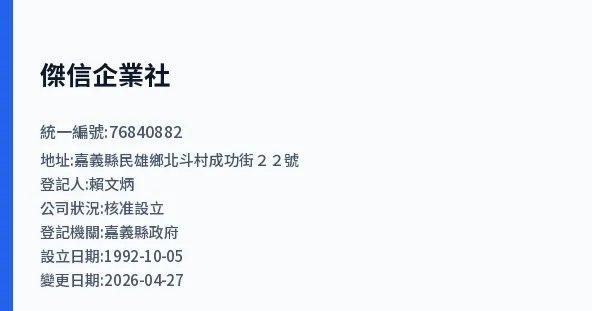 傑信企業社的照片-統編 76840882(嘉義縣) 公司登記資料與營業項目詳細圖表