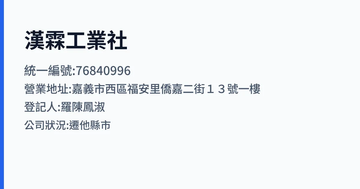 漢霖工業社 - 統編 76840996(嘉義縣) 公司登記資料與營業項目詳細圖表