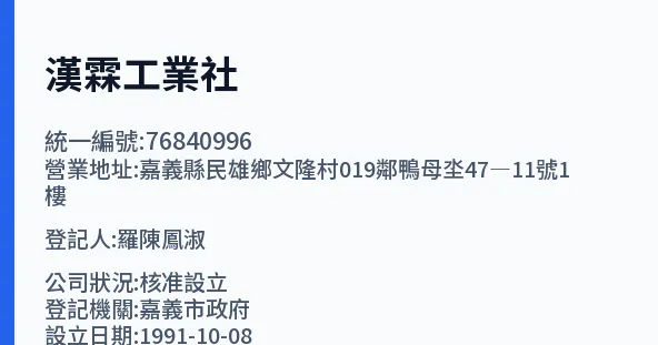 漢霖工業社的照片-統編 76840996(嘉義縣) 公司登記資料與營業項目詳細圖表