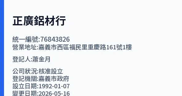 正廣鋁材行的照片-統編 76843826(嘉義市) 公司登記資料與營業項目詳細圖表